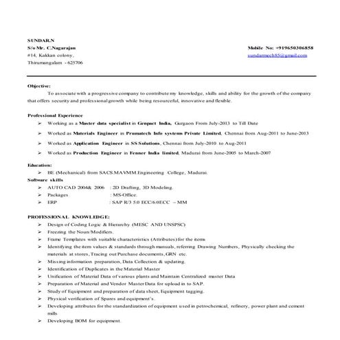 Sundar N_CV_BE Mech_6.8 years Exp in SAP MDM | DOCX