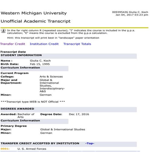 Western Michigan University _p_Unofficial Academic Transcript | PDF