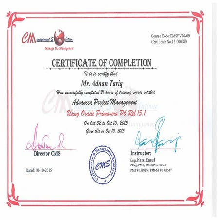 Primavera Training Certificate | PPT