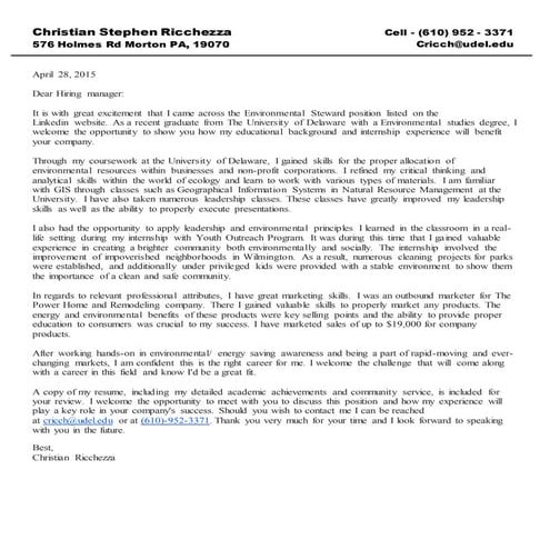 Christian Stephen Ricchezza Cover Letter | DOCX
