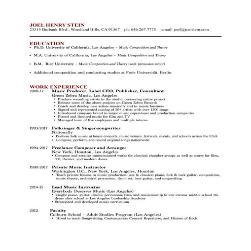 ** Joel Stein CV January 2017 | PDF