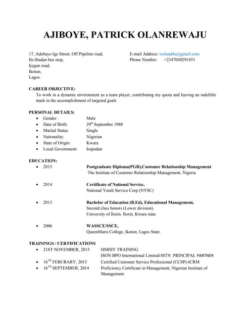 Resume for ojt / work | DOCX | Professional School | Postgraduate Education