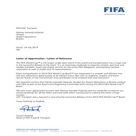 FIFA Recommendation letter Glenda Holanda | PDF