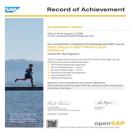 Next Steps in Software Development on SAP HANA-RecordOfAchievement | PDF
