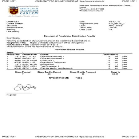 Statement of Examination Results - Year 1 | PDF