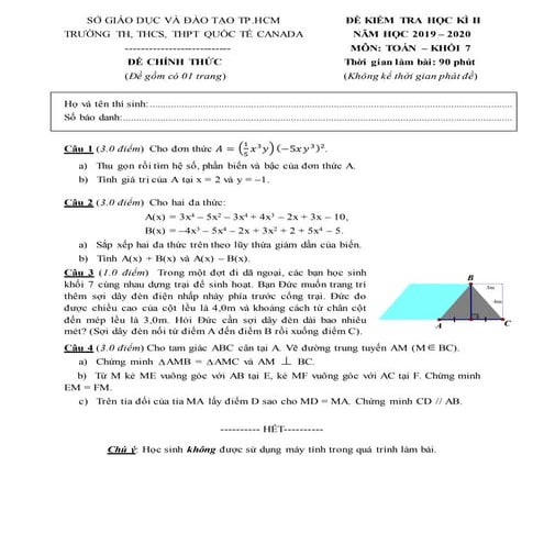 Đề Thi HK2 Toán 7 - THCS - THPT Quốc Tế Canada | DOCX