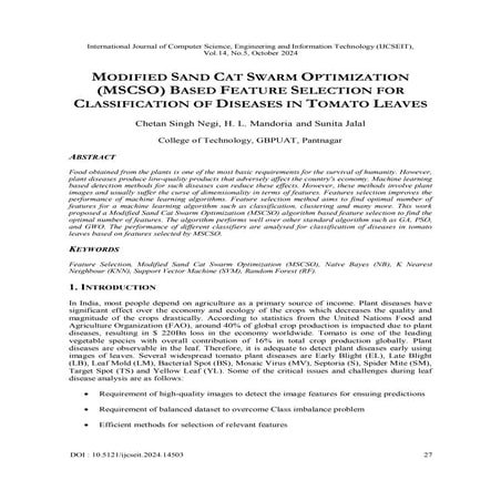 MODIFIED SAND CAT SWARM OPTIMIZATION (MSCSO) BASED FEATURE SELECTION FOR CLASSIFICATION OF ...