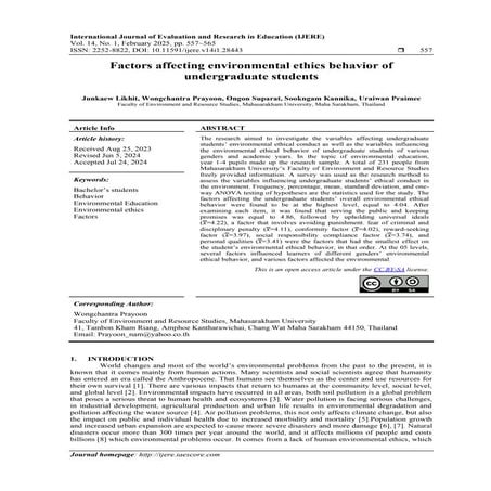 Factors affecting environmental ethics behavior of undergraduate students | PDF