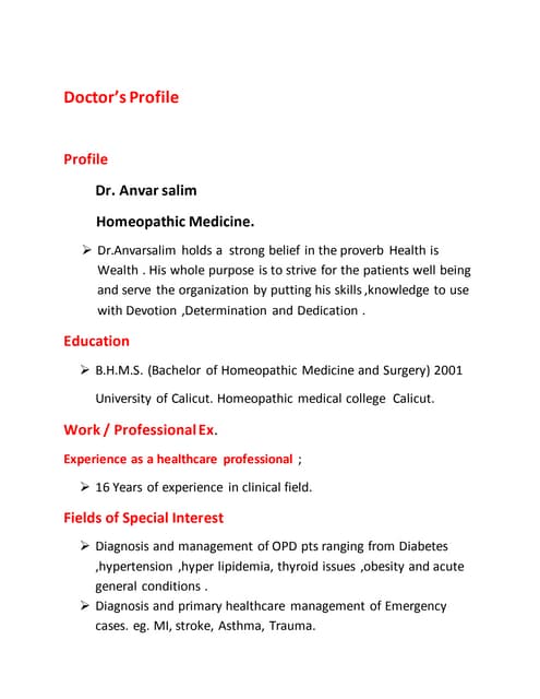 RESUME Dr Anvarsalim BHMS | DOCX | Physical Therapy | Wellness
