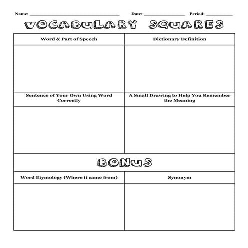 Vocabulary Squares Worksheet | PDF