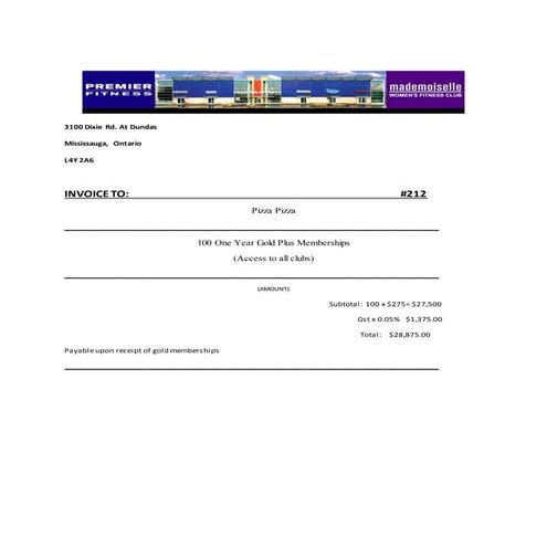 PREMIER FITNESS INVOICE pizzapizza | DOCX