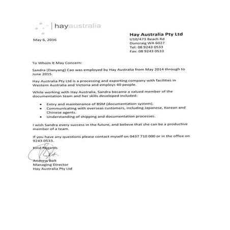 recommendation letter Hay Australia | PDF