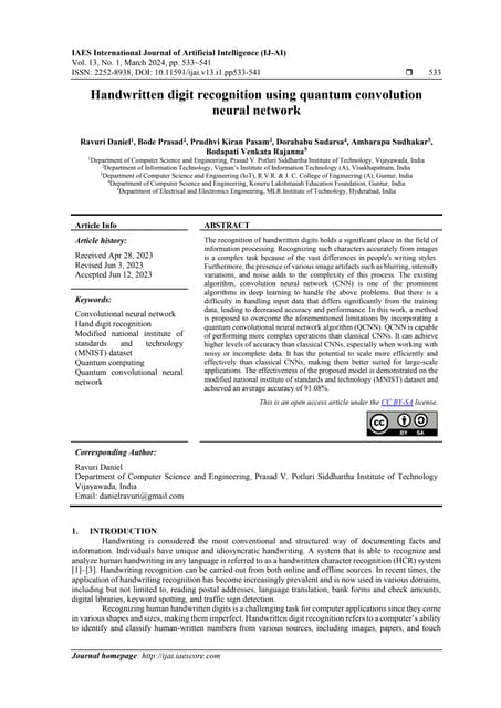Handwritten Digit Recognition Using Quantum Convolution Neural Network