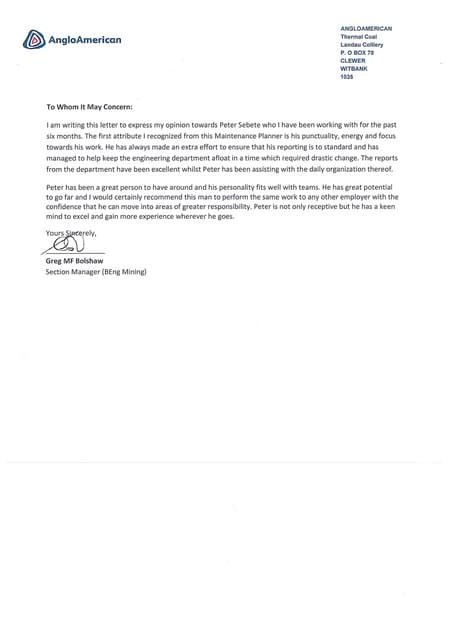 Peter Sebete - Reference Letter | PDF
