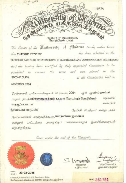 Madras University - Degree certificate | PDF