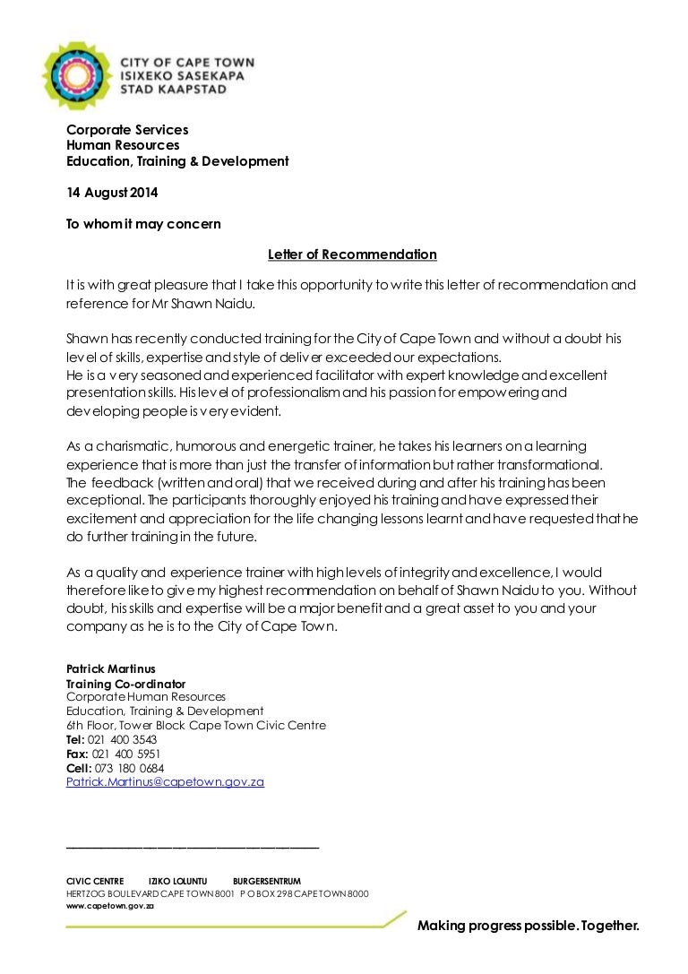 City of Cape Town Reference Letter