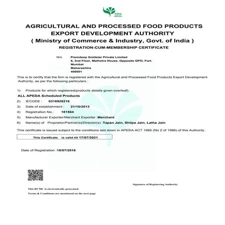 APEDA CERTIFICATE | PDF