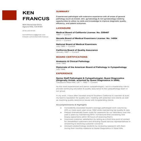 Kenneth Francus Resume | PDF | Medical Health