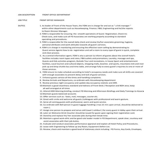 Daily task list sample for front office assistants | DOCX