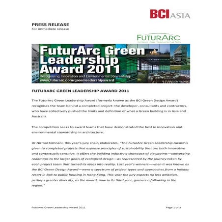 2010 10 Media Release_FuturArc Green Leadership Award 2011_ | PDF