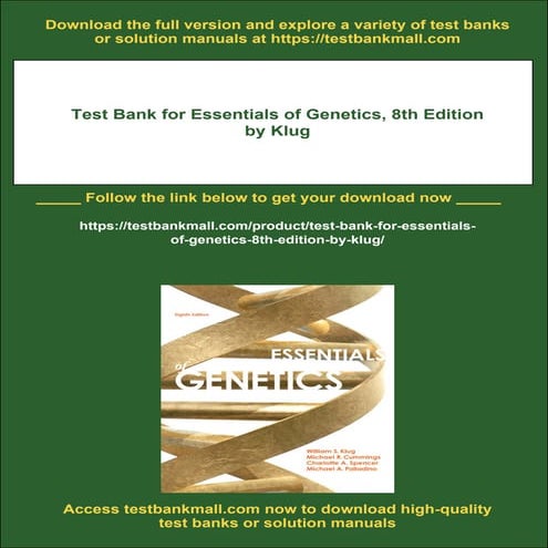 Test Bank for Essentials of Genetics, 8th Edition by Klug | PDF