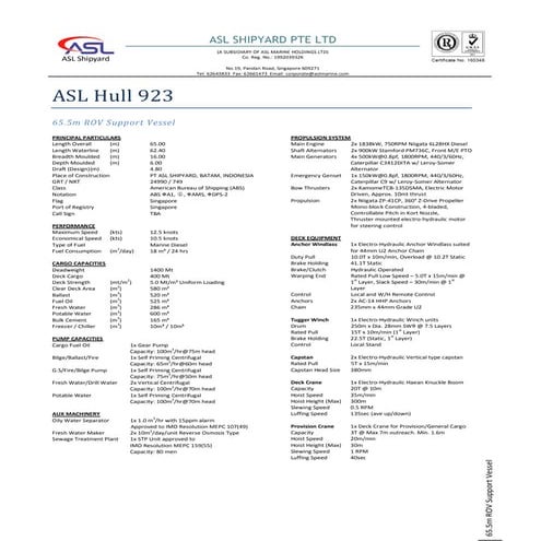 Specification Sheet_H923 - 65.5m ROV OSV [Kendal] | PDF