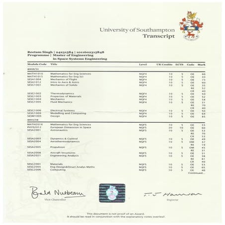 Transcript & Degree of Space Systems Engineering Reetam Singh | PDF