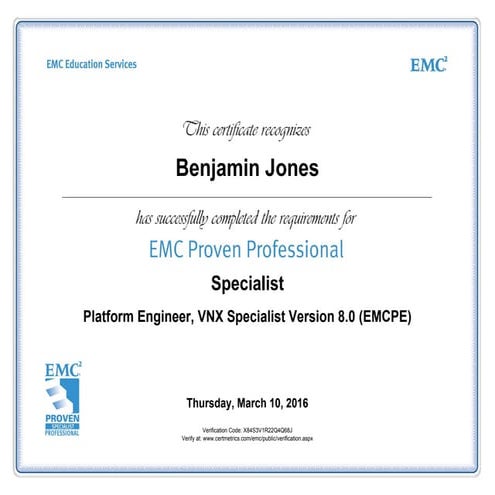 Platform Engineer, VNX Specialist Version 8.0 (EMCPE) certificate | PDF | Computer Software and ...