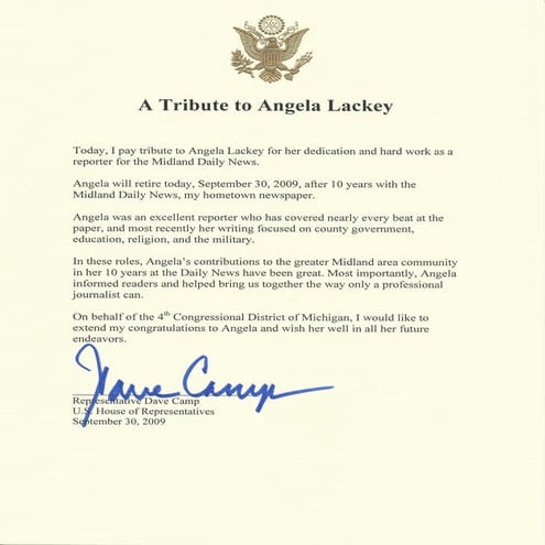 Angela Letter from Dave Camp, U.S. House of Representatives | PDF