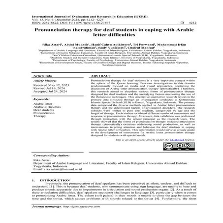 Pronunciation therapy for deaf students in coping with Arabic letter ...