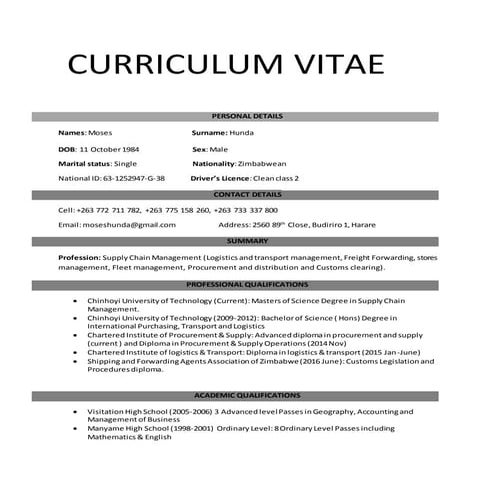 CURRICULUM VITAE moses with Masters | DOCX | Logistics | Business