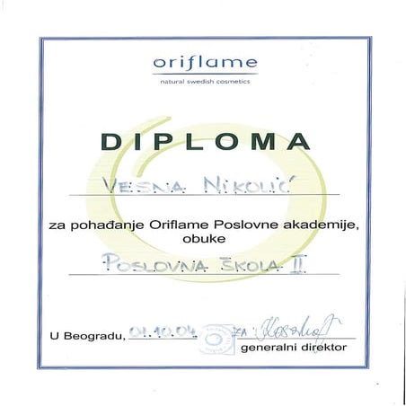 Diploma za pohadjanje Oriflame Poslovne akademije, obuke PS II | PDF