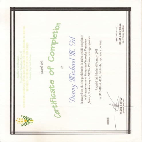 Certificate of Completion in Department of Agriculture | PDF