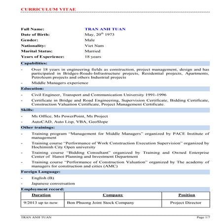 CV_ Tran anh Tuan - EN (17122014) | PDF