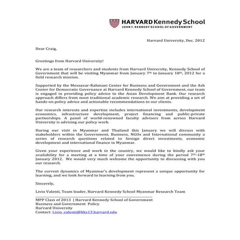 Harvard University - Meeting Request December 2012 | PDF
