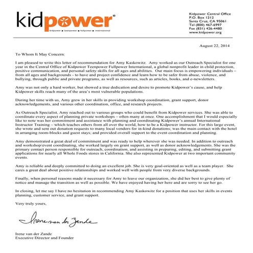 Amy K. Letter of recommendation 8-22-14 | PDF