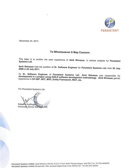 Experience letter of Oracle India Pvt Ltd