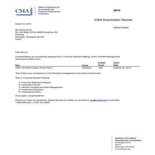 CMA Test Result(IMA) | PDF