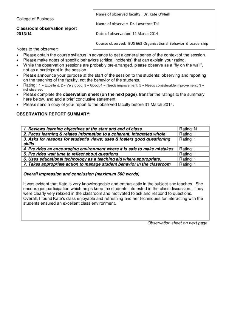 Classroom Observation Report Kate March 2014 Classroom Observation Report Kate March 2014