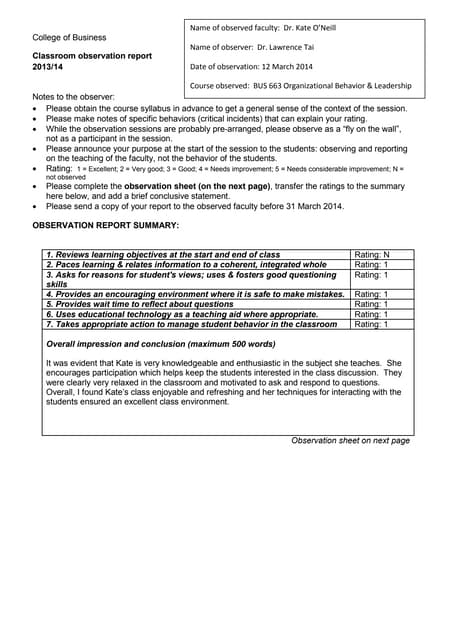Classroom observation report cover page | PDF
