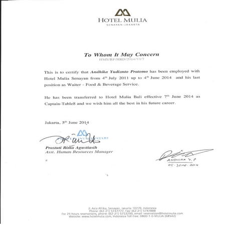 Recommendation Letter - Hotel Mulia Senayan Jakarta | PDF | Hotels and ...