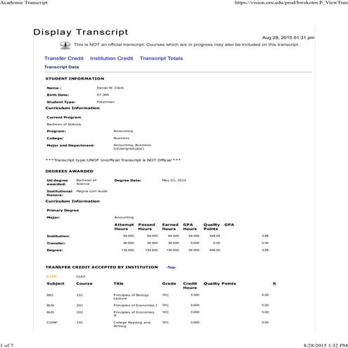 Daniel Clark's ORU Transcript | PDF
