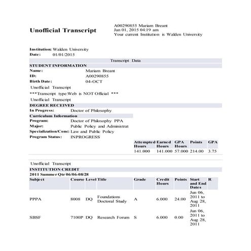 Unofficial Transcript2 | DOCX | Postgraduate Education | College Education