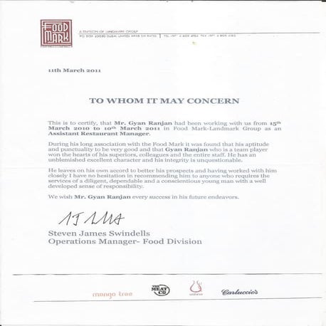 Leisure Inn Hotel Experience certificate