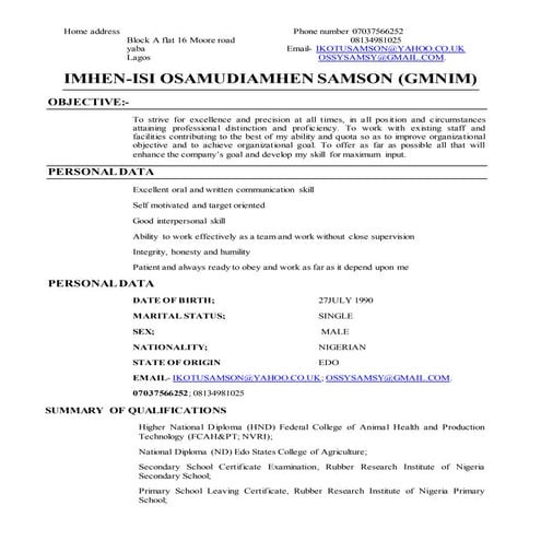 imhen-isi osamudiamhen resume | PDF