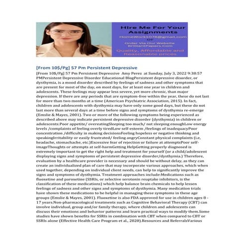 Persistent Depressive Disorder Treatment (Dysthymia) | PDF