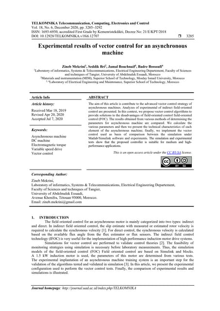 Experimental Results Of Vector Control For An Asynchronous Machine Pdf