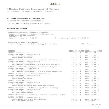 Official National Transcript of Dalarna University MSc degree | PDF