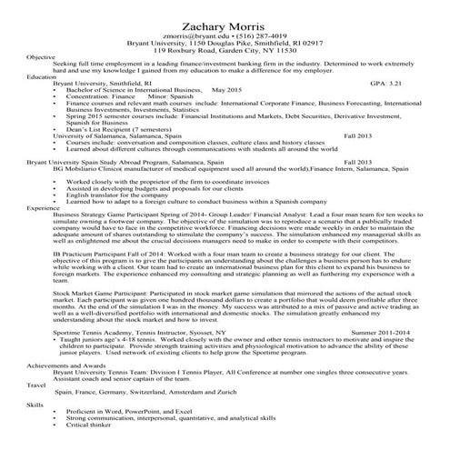 Zach Morris Resume (Finance) | DOC