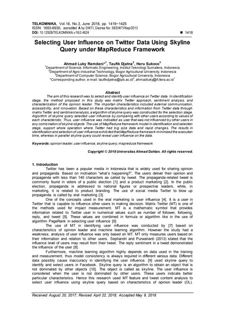 Selecting User Influence On Twitter Data Using Skyline Query Under Mapreduce Framework Pdf